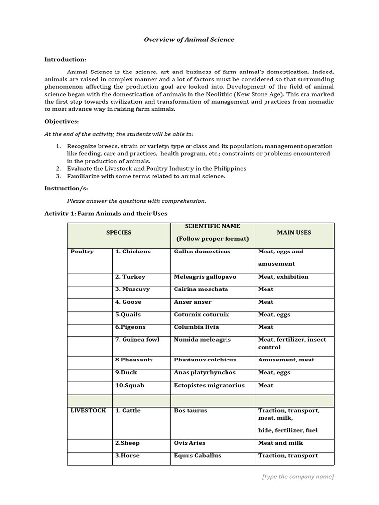 PRINCIPLES OF ANIMAL SCIENCE LABORATORY Overview of Animal Science ...