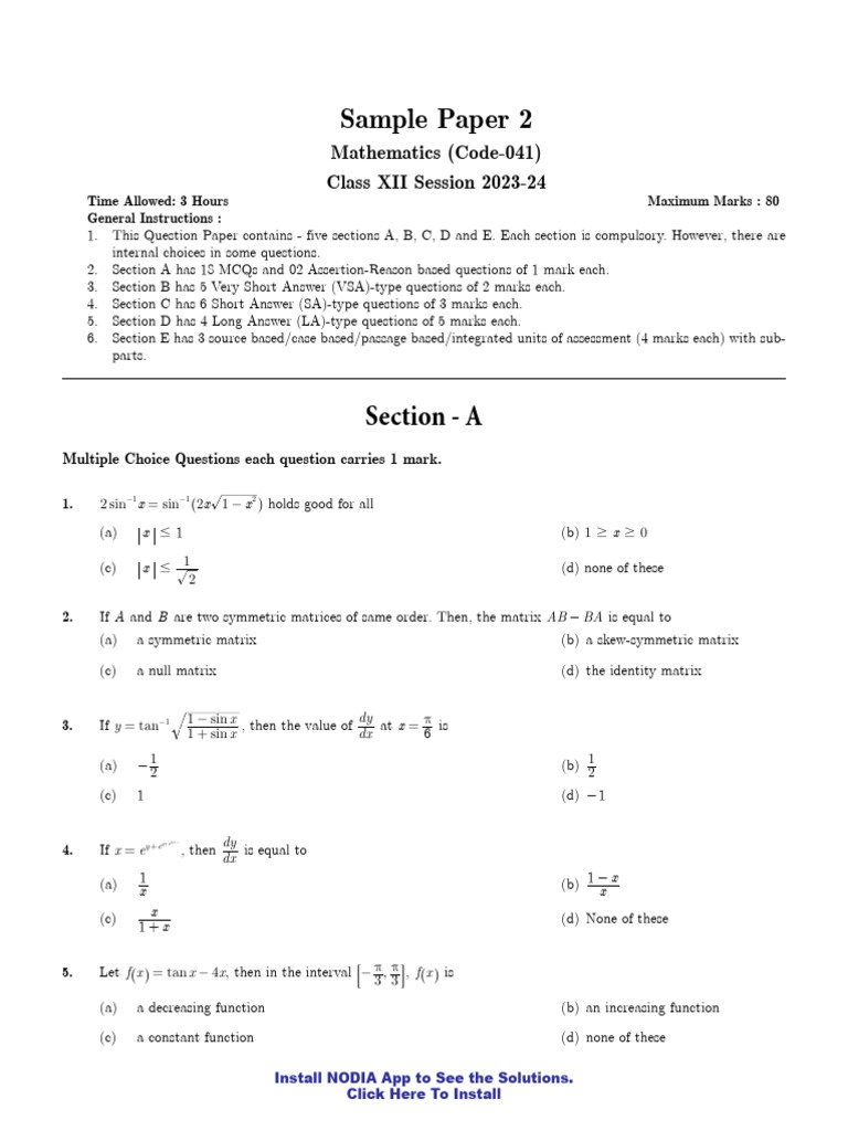 CBSE Class 12 Mathematics Sample Paper 2 | PDF | Algebra | Euclidean ...