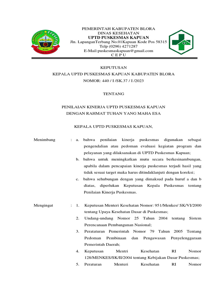 2.8.4.1.a SK Penilaian Kinerja Puskesmas PKP 2023 | PDF