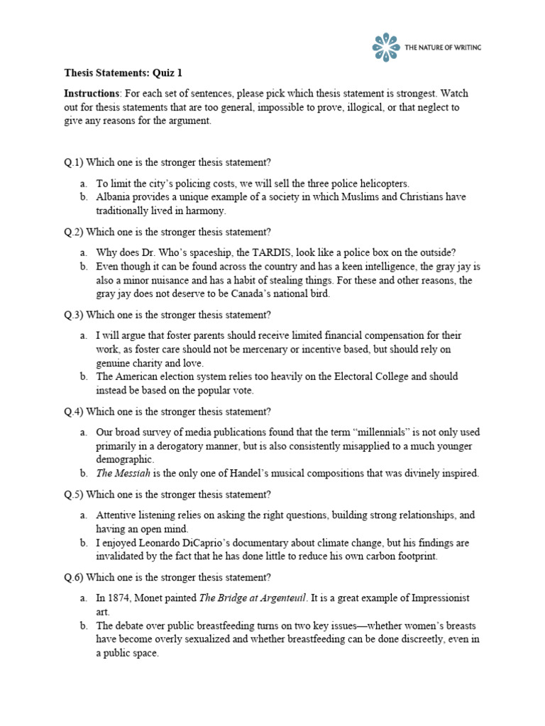 Thesis-Statements-Quiz-1 | PDF | Argument | Reason