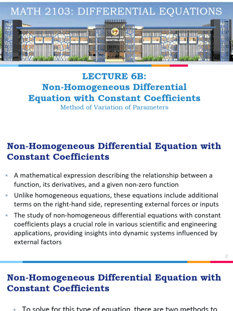 MATH 2103 Lecture 6B Method of Variation of Parameters | PDF | Equations | Differential Equations