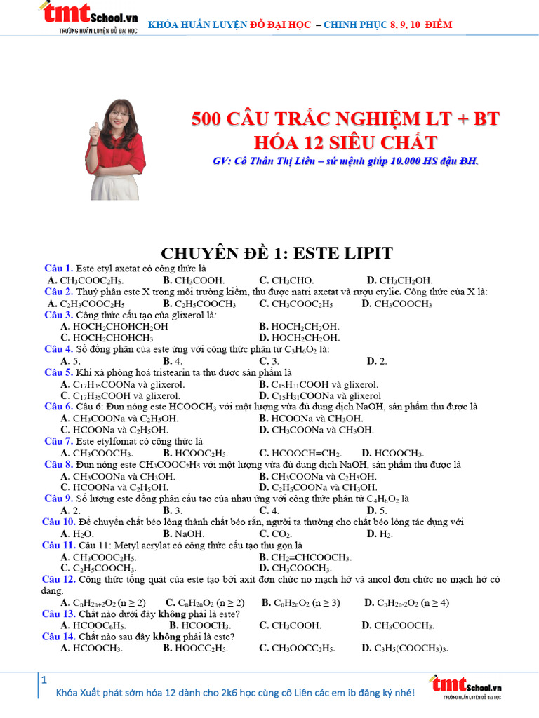 500 Câu Lt + Bt Hóa 12 Hữu Cơ + Vô Cơ Siêu Chất | PDF