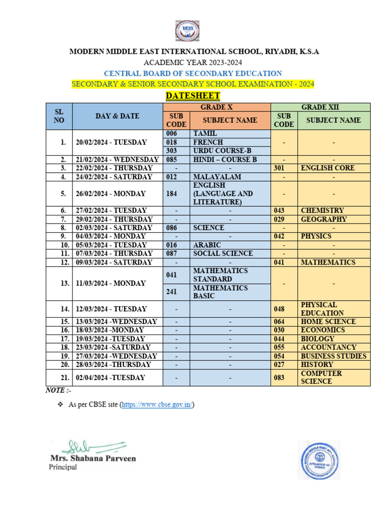 CBSE DATESHEET- GRADE X & XII | PDF