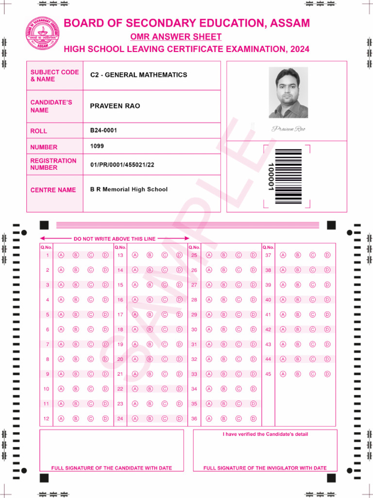 Omr - Sample - HSLC Exam 2024 | PDF