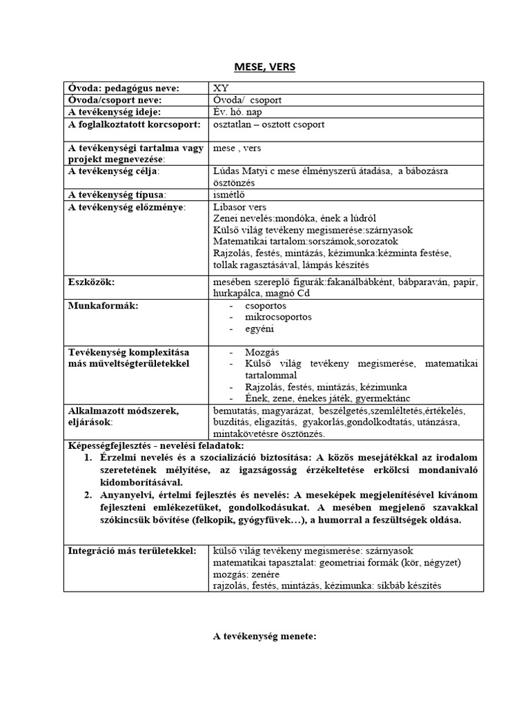 Foglalkozás Tervezet - Mese, Vers | PDF