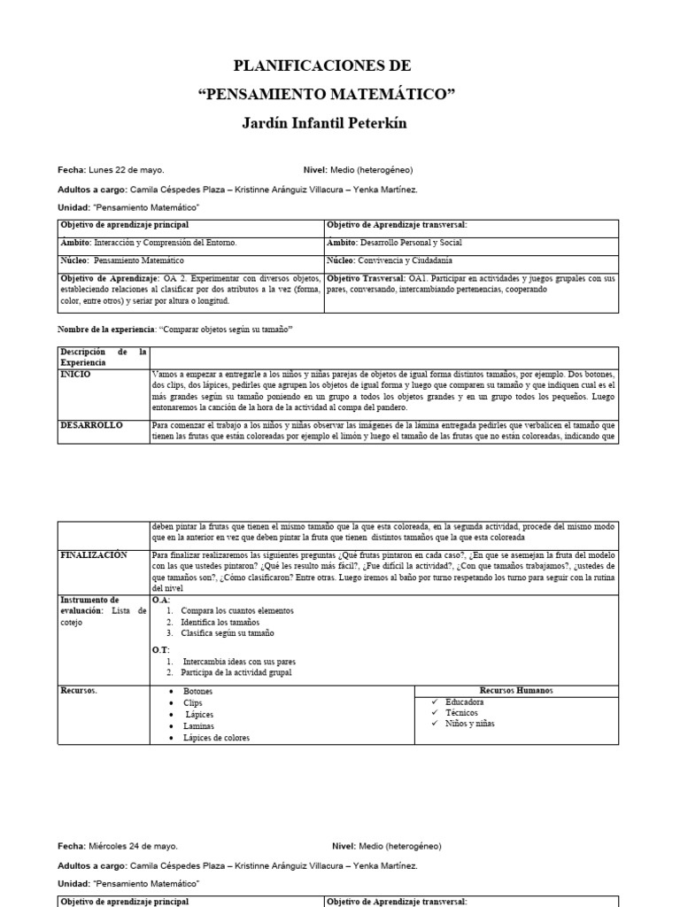 PLANIFICACIONES MEDIO MAYOR PENSAMIENTO MATEMATICO Lunes 22 de Mayo Al Jueves 15 de Junio. | PDF ...