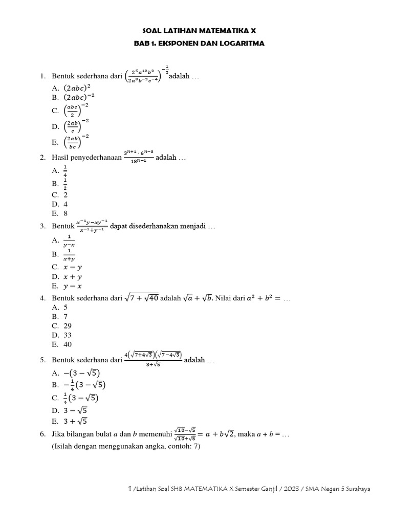 SOAL LATIHAN MX 01 Eksponen Dan Logaritma | PDF