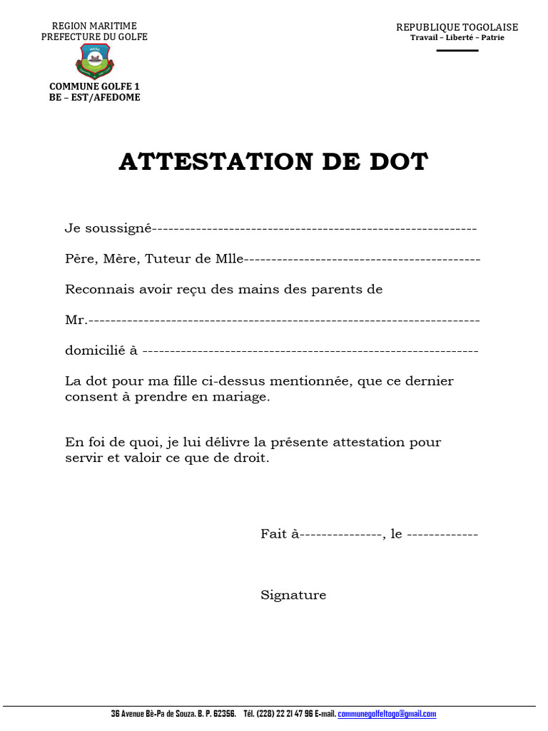 Attestation de Dot au Togo | PDF