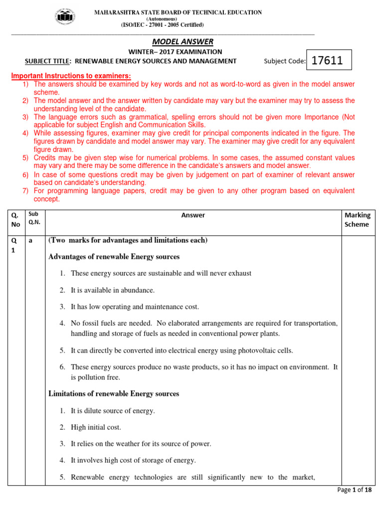 6th Sem Renewable Energy Sources and Management Mech Answer Paper Winter 2017 | PDF | Solar ...
