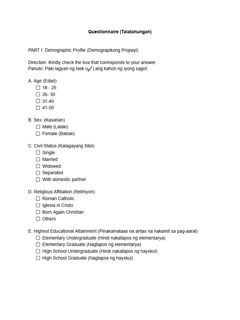 Questionnaire Talatanungan Research 1 | PDF