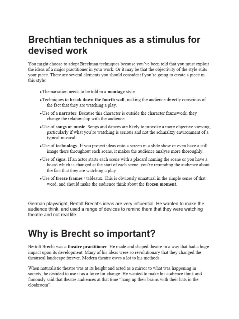 Brechtian Techniques As A Stimulus For Devised Work | PDF