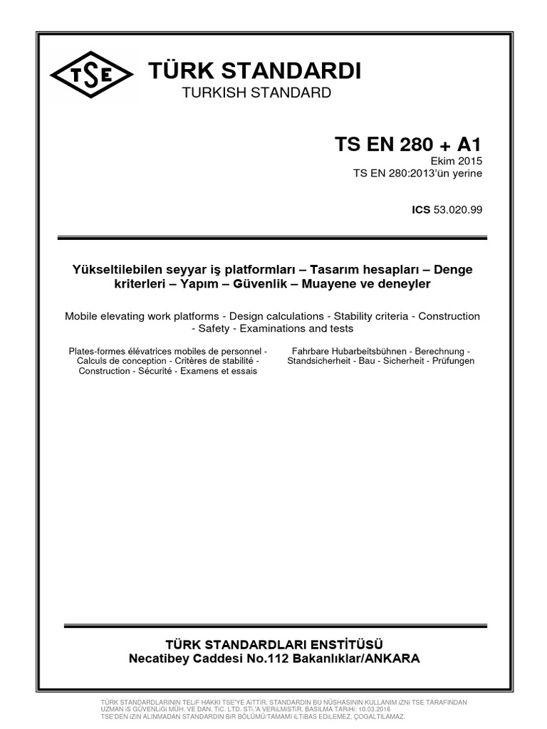 54 - TS EN 280+A1(2015) Yükseltilebilen Seyyar İş Platformları | PDF