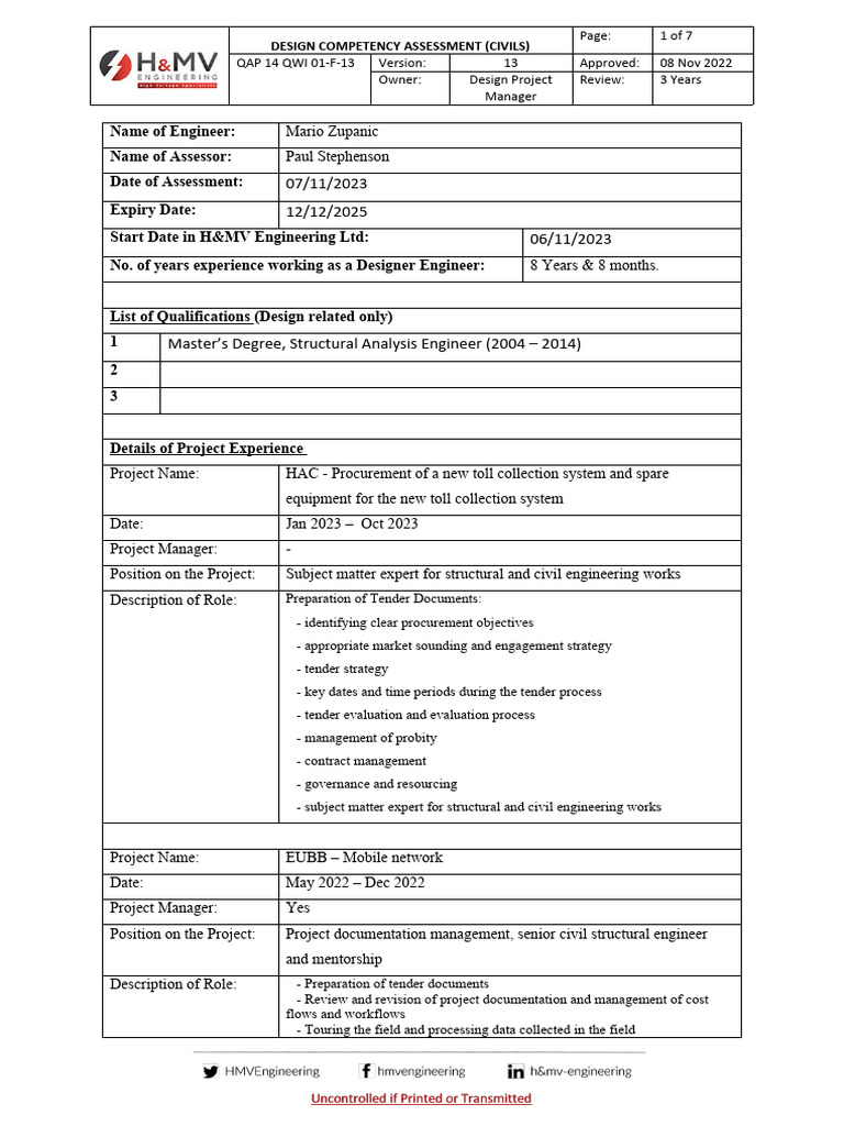 QAP 14 QWI 01-F-13 Design Engineer Competency Assessment (Civils) - MZ | PDF | Engineer ...