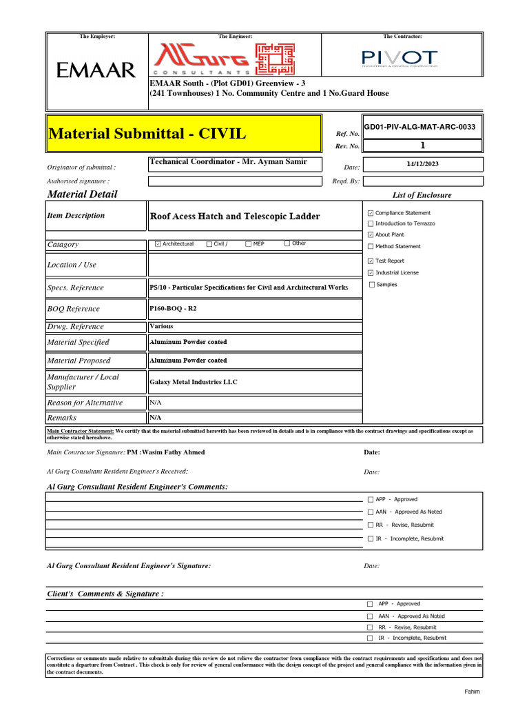 Response Submittal - GD01-PIV-ALG-MAT-ARC-0033-01 - Roof Access Hatch ...