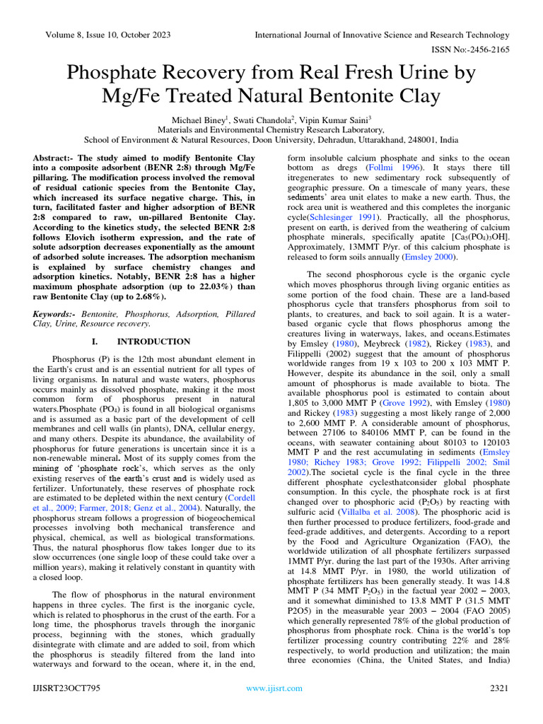 Phosphate Recovery From Real Fresh Urine by Mg/Fe Treated Natural ...