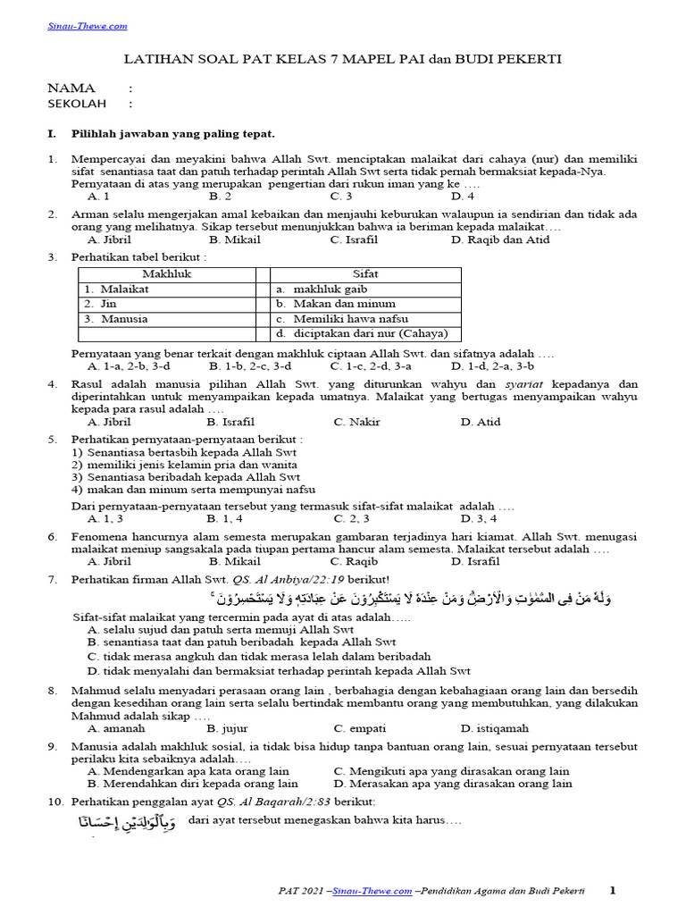 Naskah PAT Kelas 7 PAI & BP | PDF