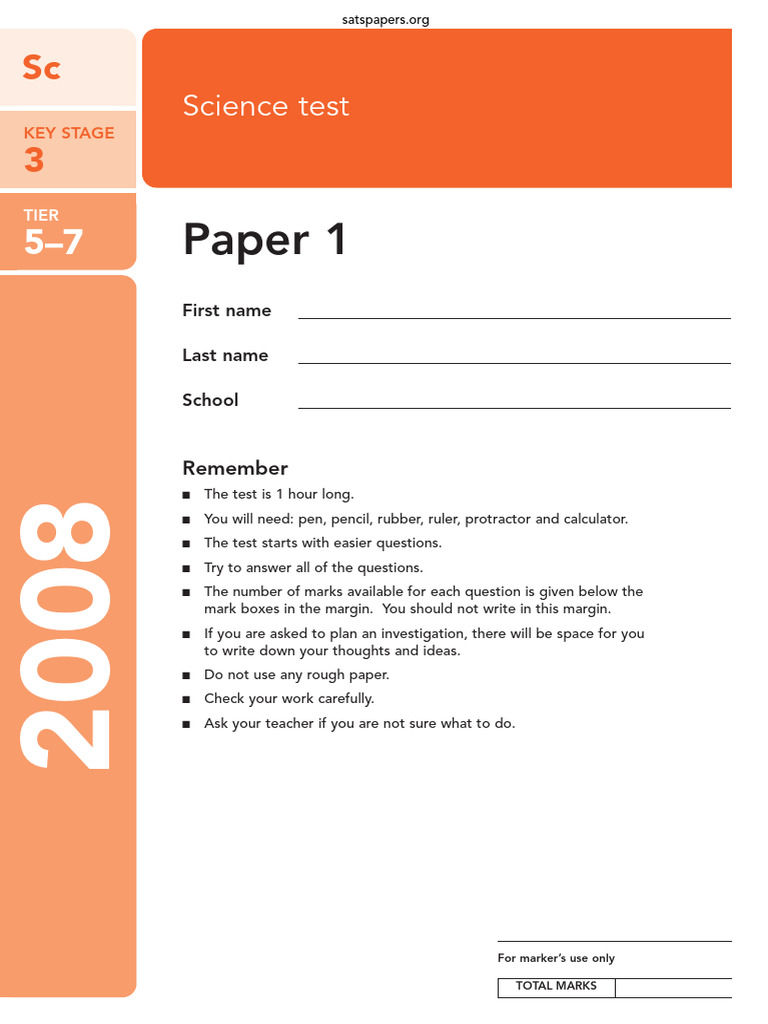 KS3 Science 2008 Paper 1 Level 5-7 | PDF | Sodium Hydroxide | Sun