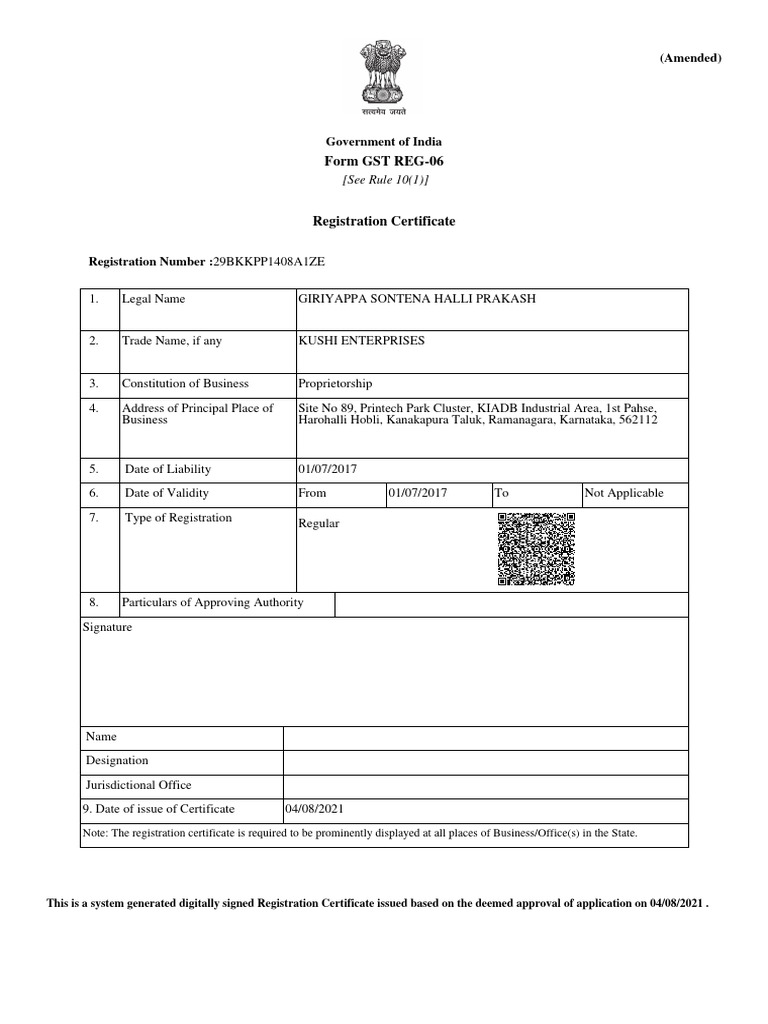 GST Registration Certificate for Kushi Enterprises | PDF | Sole ...