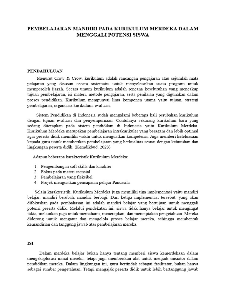 Pembelajaran Mandiri Pada Kurikulum Merdeka Dalam Menggali Potensi Siswa | PDF