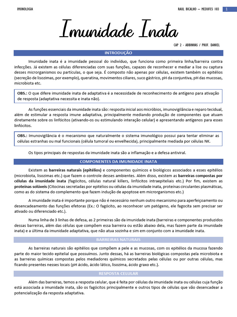 [Resumo] Imunologia - Aula 2 - Imunidade Inata - Prof. Daniel | PDF ...