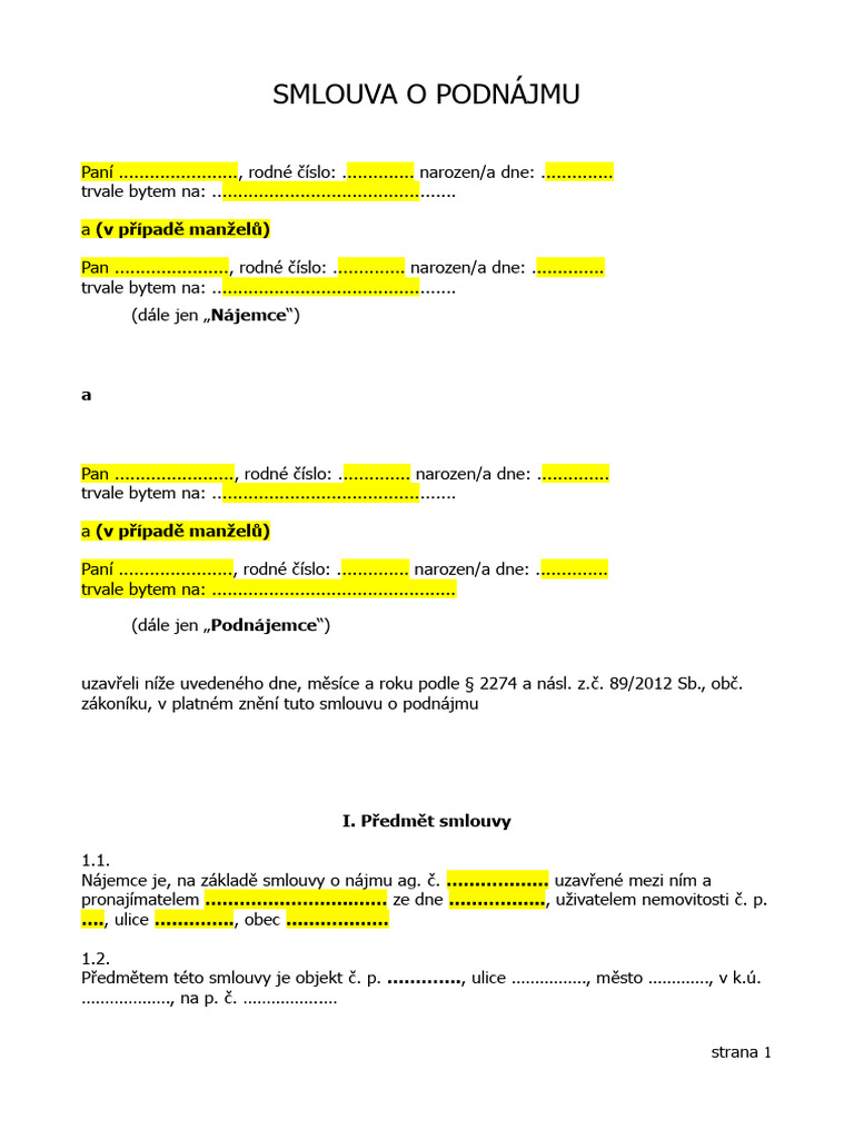 Jednoducha Podnajemni Smlouva Vzor Ke Stazeni 6 Stranek Word | PDF