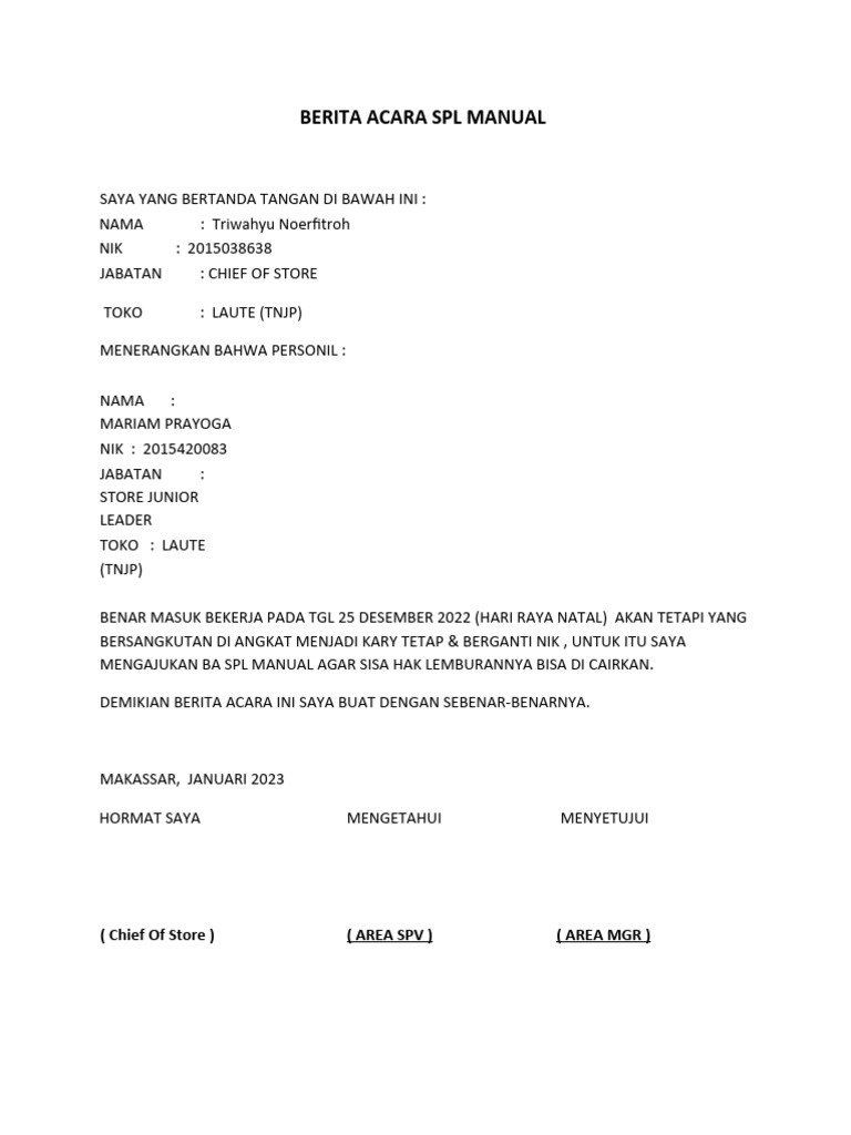 Contoh Berita Acara SPL Manual | PDF
