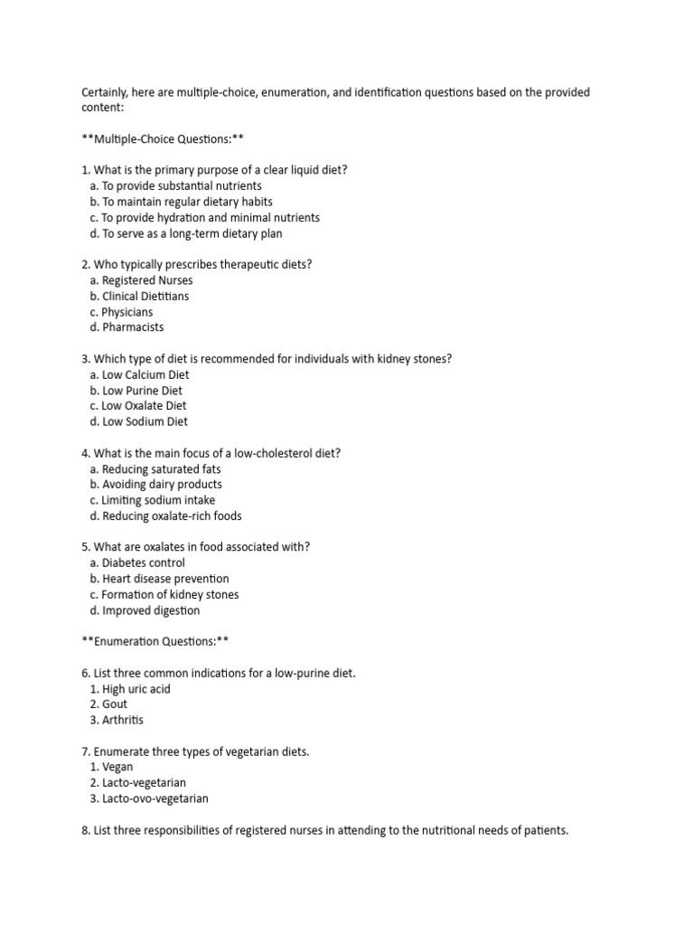 Nutrition Quiz: Diet Types & Therapy | PDF | Diet (Nutrition) | Diet ...