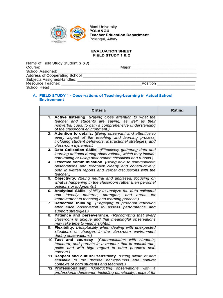 EVALUATION-SHEET-FOR-FSS (1) | PDF | Teachers | Learning