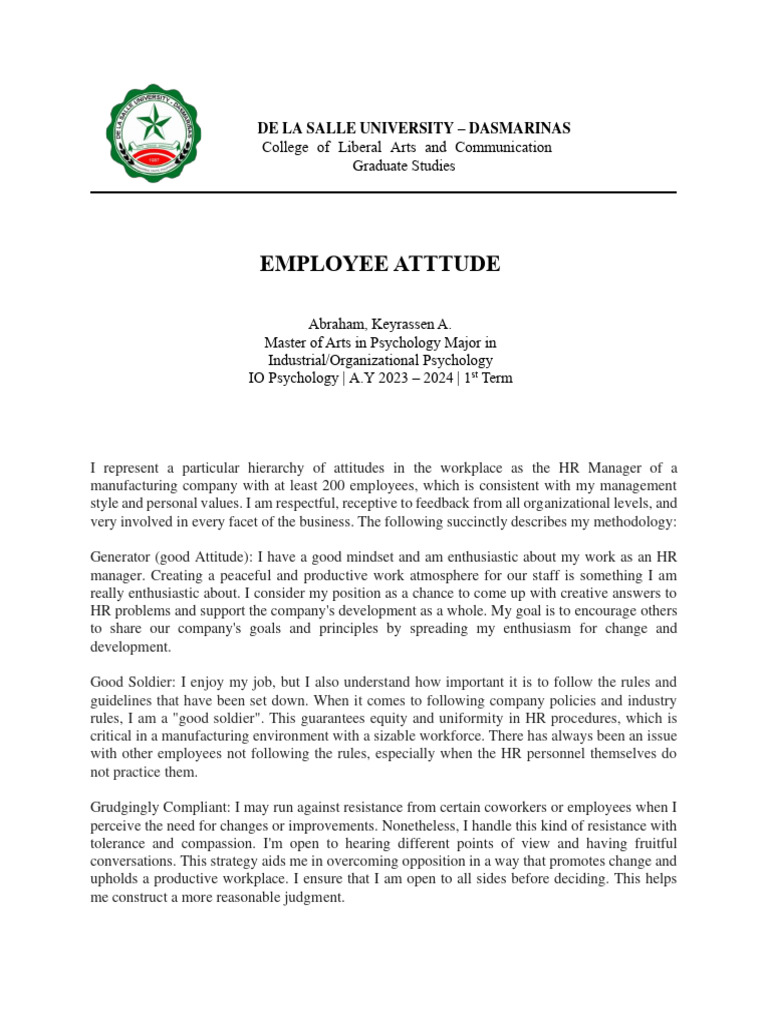 IO Employee Attitude | PDF | Employment | Industrial And Organizational Psychology