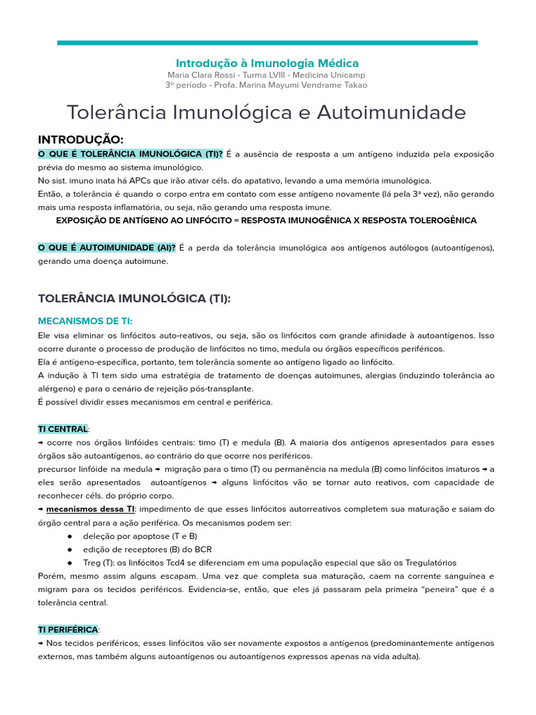 Tolerância e Autoimunidade - MARIA CLARA ROSSI (MC) | PDF | Sistema imunológico | Interleucina 10