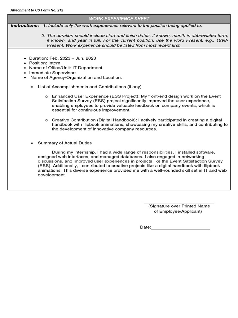 Work Experience Sheet | PDF