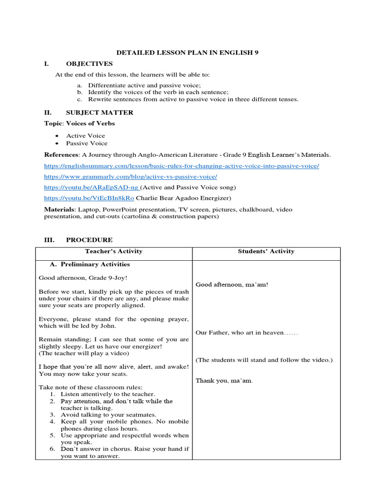 Grade 9 Lesson Plan: Active & Passive Voice | PDF | Verb | Grammatical Tense