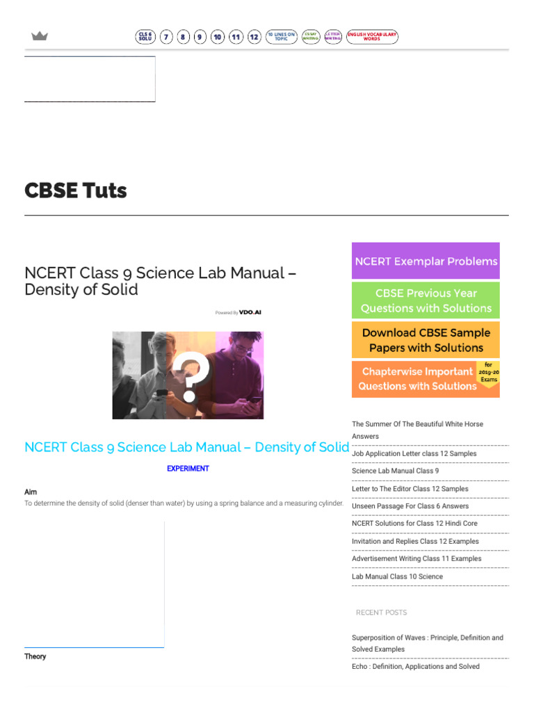 NCERT Class 9 Science Lab Manual - Density of Solid - CBSE Tuts | PDF | Density | Weight