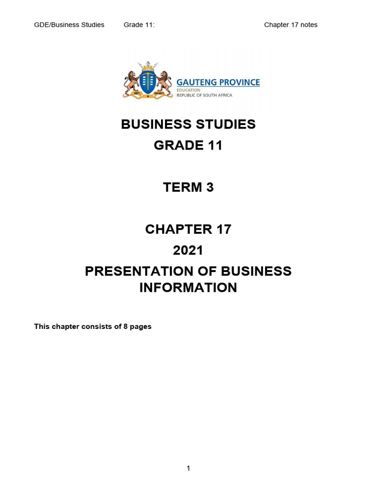 2021 Business Studis Grade 11 Notes Term 3 Chapter 17 | PDF ...