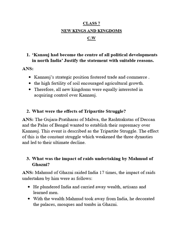 Class 7 C W On New Kings and Kingdoms | PDF | Asia | South Asia