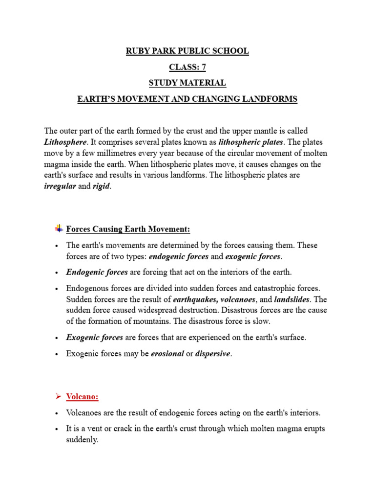 Earth S Movement and Changing Lamdforms CL 7 SM | PDF | Volcano | Erosion