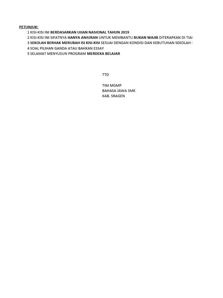 Kisi-Kisi Asas Bjawa Gasal Kelas X - 2023 | PDF