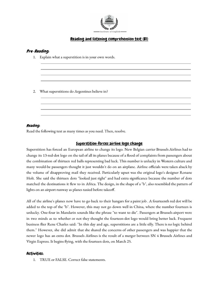 SUPERSTITION - Reading and Listening Comprehension Test (B1) | PDF ...