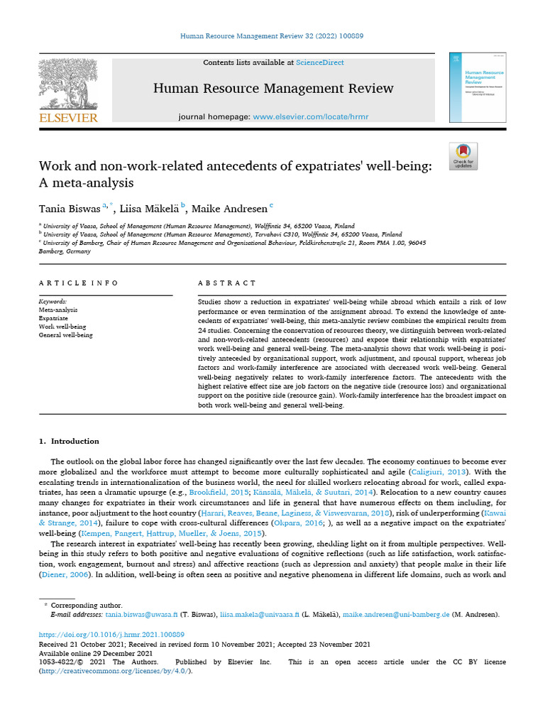 Work and Non Work Related Antecedents of Expatriate - 2022 - Human ...