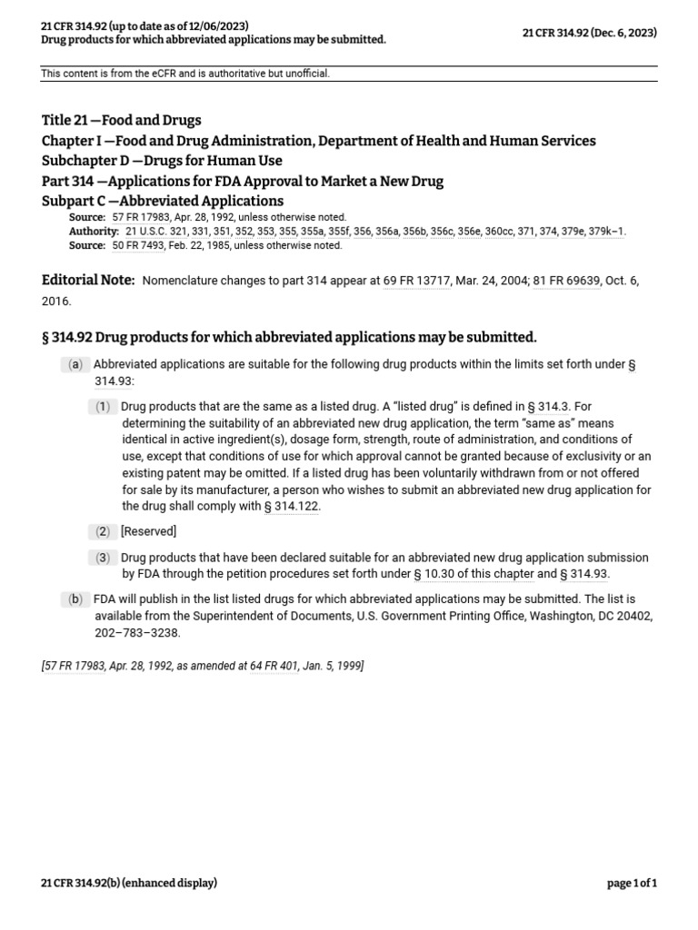 21 CFR 314.92 (Up To Date As of 12-06-2023) | PDF | Food And Drug Administration | Drug Policy