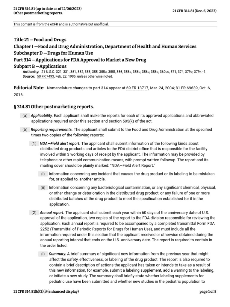 21 CFR 314.81 (Up To Date As of 12-06-2023) | PDF | Food And Drug ...