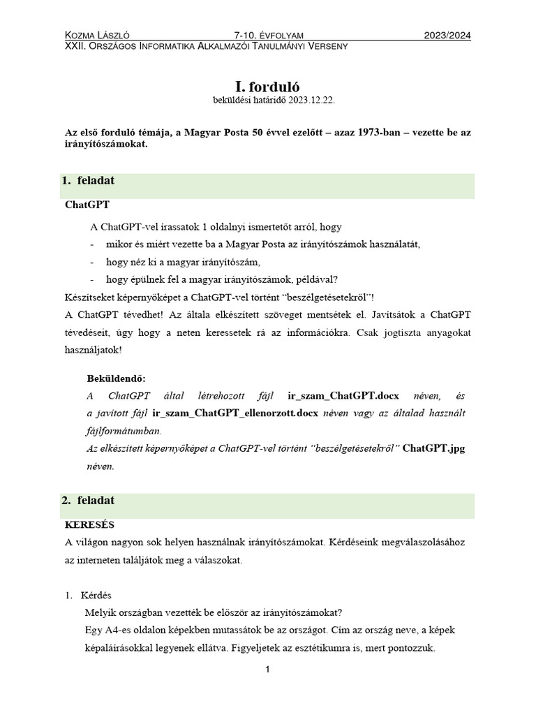 Kozma Laszlo Verseny 7 10 Evfolyam I Fordulo 2023 2024 | PDF