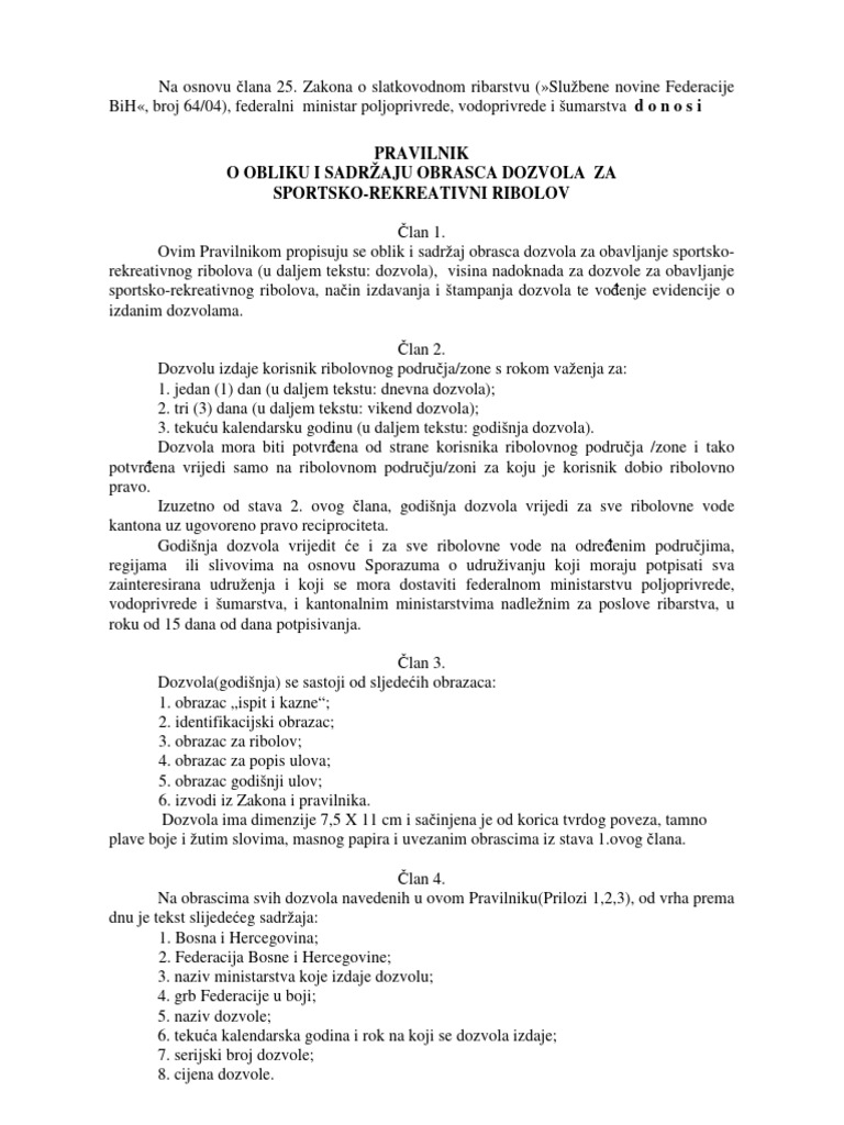 Pravilnik o obliku i sadržaju obrasca dozvola za sportsko-rekreativni ribolov | PDF