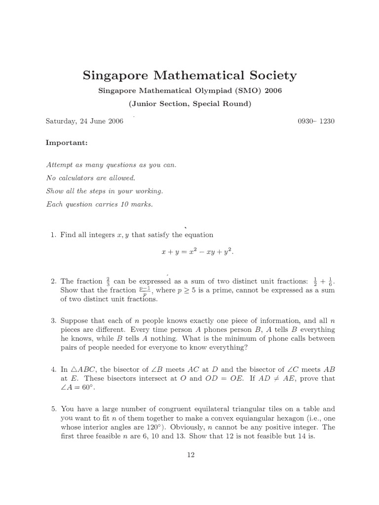 Junior Section - Special Round - SMO Singapore Mathematical Olympiad 2006 | PDF