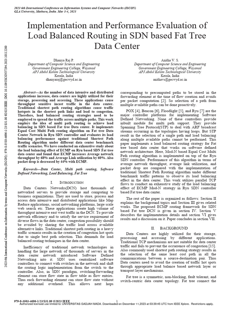 Implementation and Performance Evaluation of Load Balanced Routing in SDN Based Fat Tree Data ...
