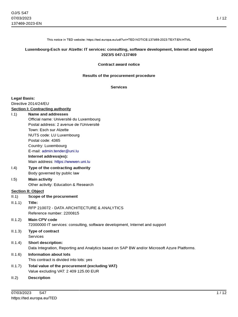 RFP 210072 Data Architecture Analytics Avis Dattribution TED | PDF ...