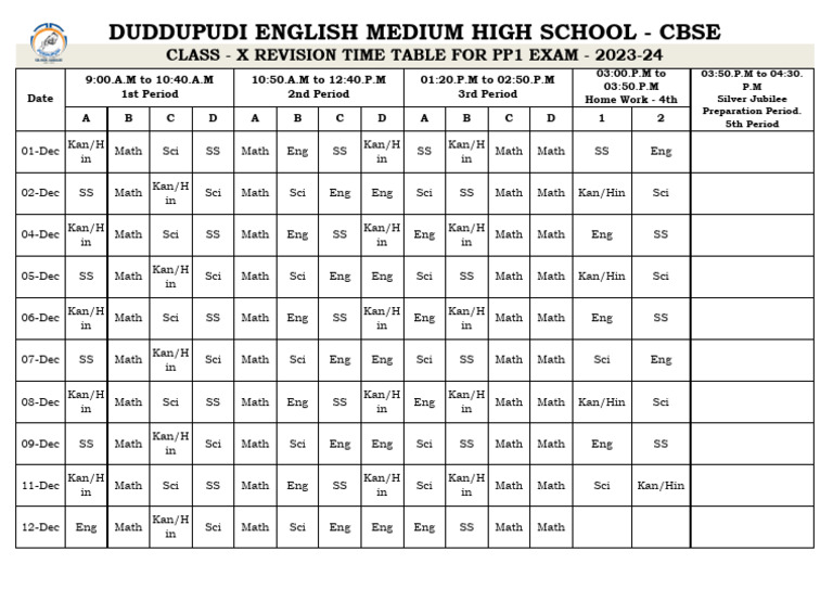 Class - X Revision Time Table For Pp1 Exam - 2023-24 | PDF