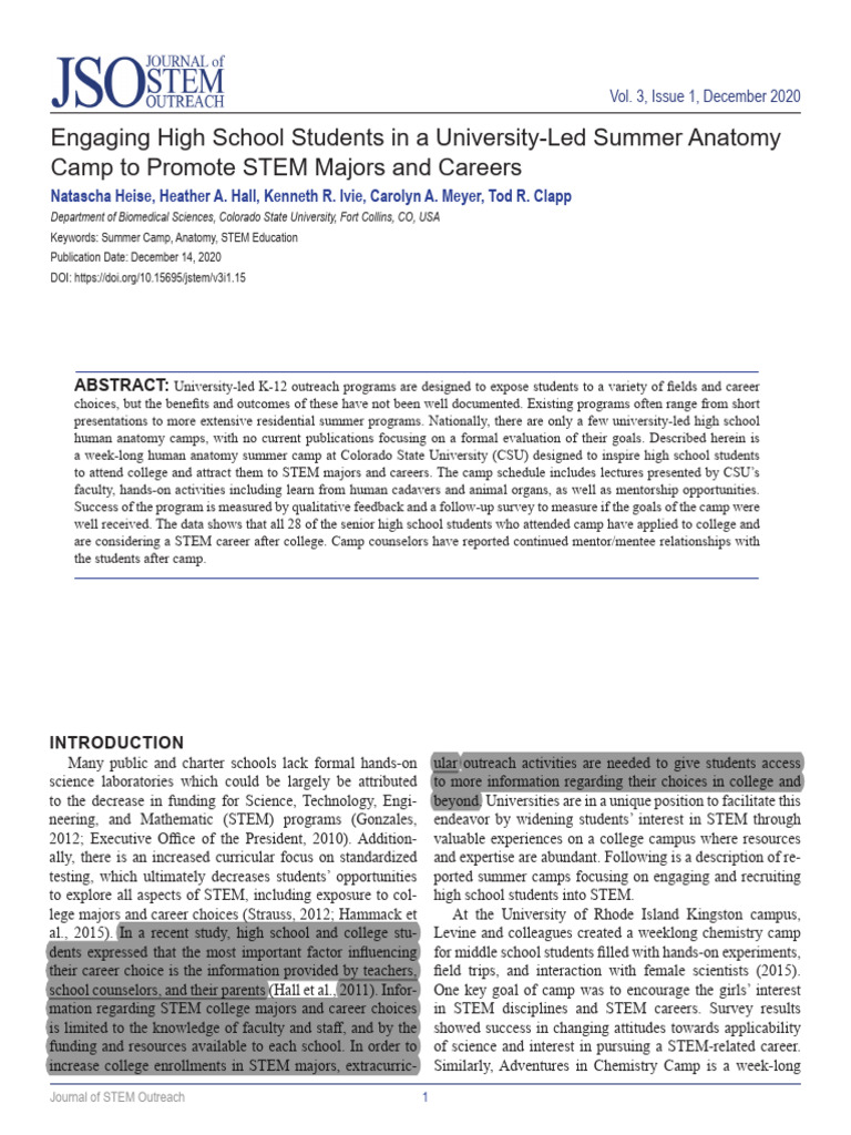 Engaging High School Students in A University Led Summer Anatomy Camp To Promote Stem Majors and ...