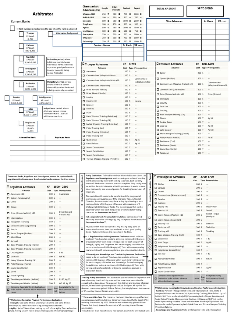 Advanced Dark Heresy - Character Sheet - Career - Arbitrator Advances ...