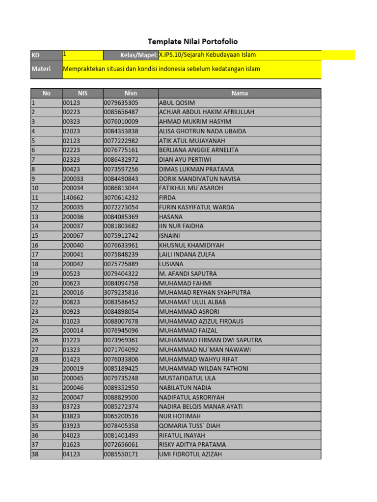 Template Nilai Portofolio-X.ips.10-Sejarah Kebudayaan Islam | PDF